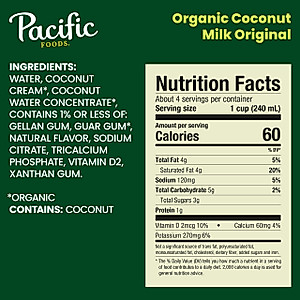 Pacific Foods Original Organic Coconut Milk, Plant Based Milk, 32 oz Carton