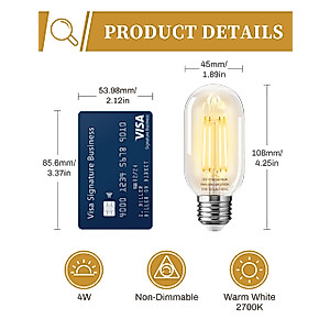 4 Pack LED Edison Bulbs, 4W Edison Light Bulbs, Antique LED Filament Bulbs 40W Equivalent, E26 Base, T45 LED Bulb with Clear Glass, Warm White 2700K, Non Dimmable, Great for Home, Bedroom, Office