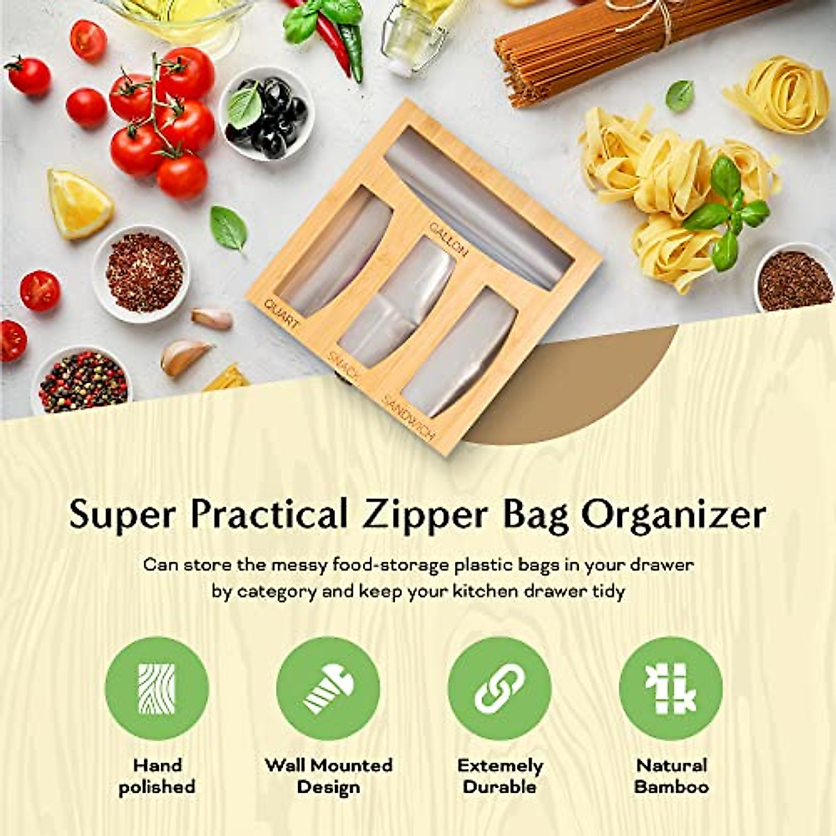Umiboo Bamboo Resealable Bag Storage Organizer with Hinge - For your Kitchen Drawer, Pantry, Countertop - Easily Organize your resealable storage bags