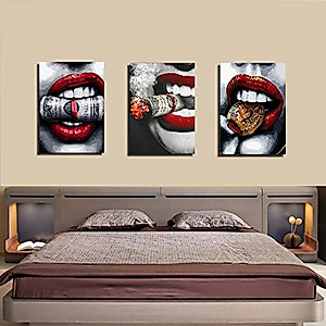 Red Lips Series: 【Luxury】-Spray Painting Core Modern Fashion Sexy Red Lips Nordic Style Room Decoration Painting Sofa Background HD Wall Painting Set of 3（11.8"X15.75")【No Fram