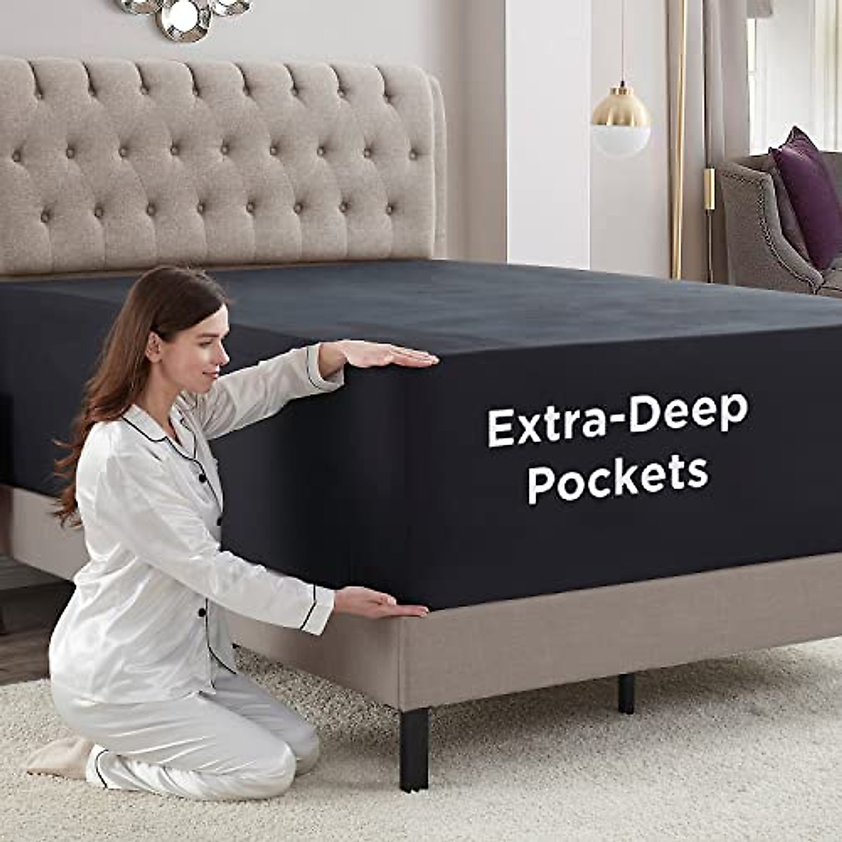 Empyrean Extra Deep Pocket Queen Fitted Sheet Only - Black Fitted Sheet Queen Size, Soft Fitted Bed Sheets for 18 to 24 Inch Mattresses, Luxury Queen Fitted Sheet Deep Pocket with Corner Straps