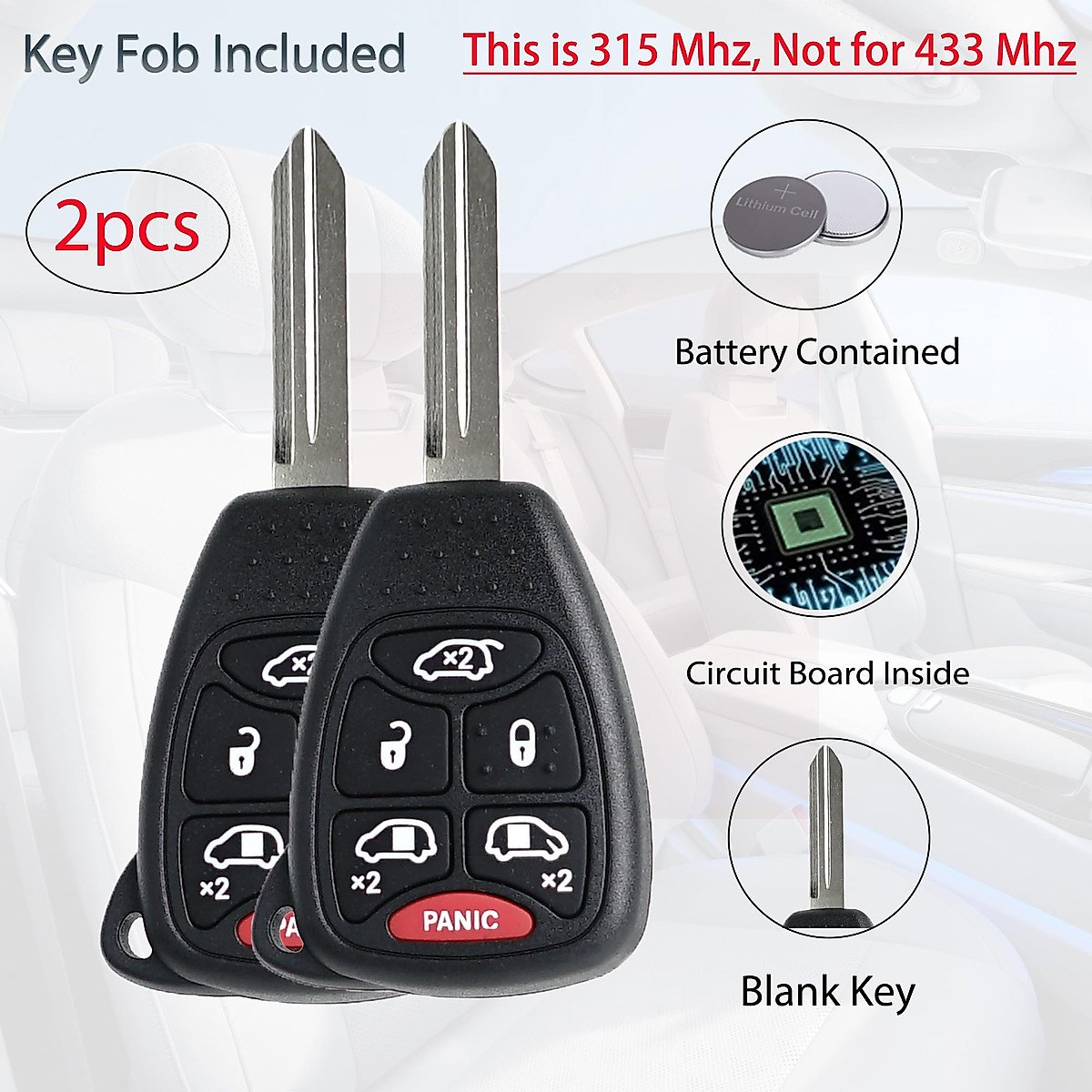 Key Fob Keyless Entry Fits for Chrysler Town & Country Dodge Grand Caravan 2004 2005 2006 2007 Remote Control Replacement 05183683AA M3N5WY72XX 46Chip 315MHz 6 Button Head Fob Key (Set of 2)