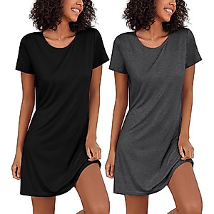 Ekouaer 2 Pack Nightgowns for Women Sleapwear Short Sleeve Night Shirts Soft Sleep Dress Classic NightDress (Black+Grey, XX-Large)