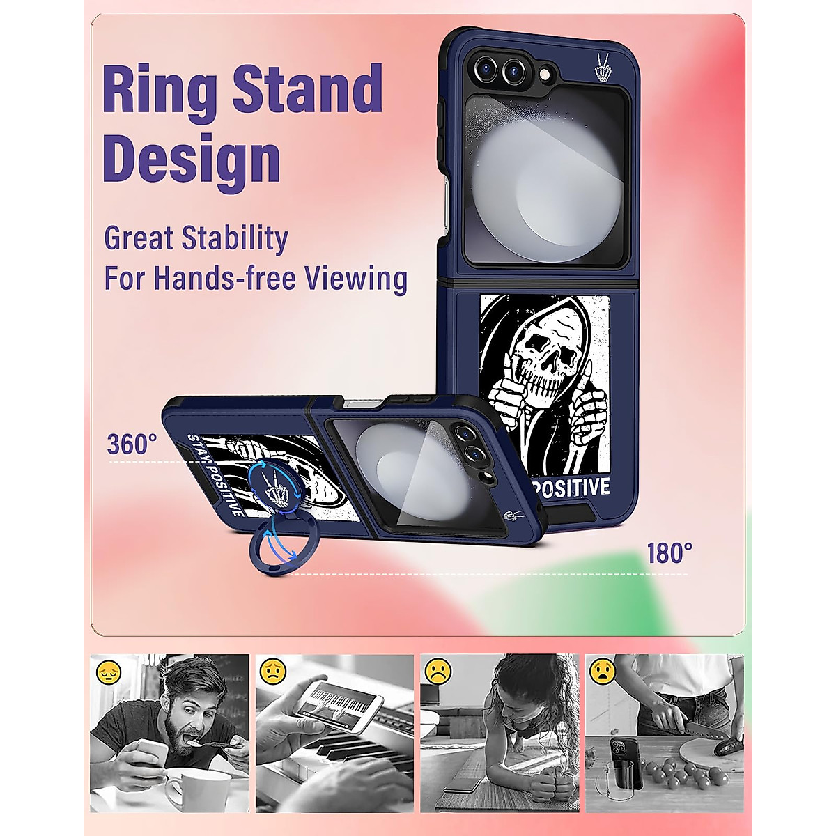 Funermei (2in1 for Samsung Galaxy Z Flip 5 Case Skull for Women Cute Kids Boys Phone Cover Funny Cool Skeleton Goth Design with Ring Stand Unique Teens Funda for Samsung Z Flip 5 Cases 6.7'' (2023)