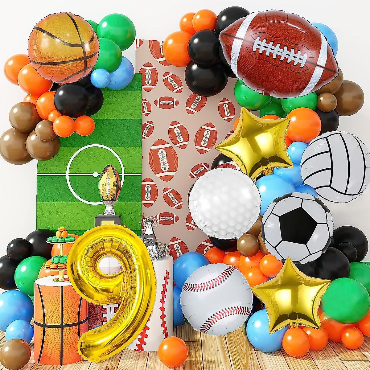 9 Pieces Sports Balloons, Football, Basketball, Baseball, Volleyball, Golf and Soccer Foil Balloon, Sports Birthday Number Mylar Foil Balloon, Sport Theme Birthday Party Supplies Decorations (9th)