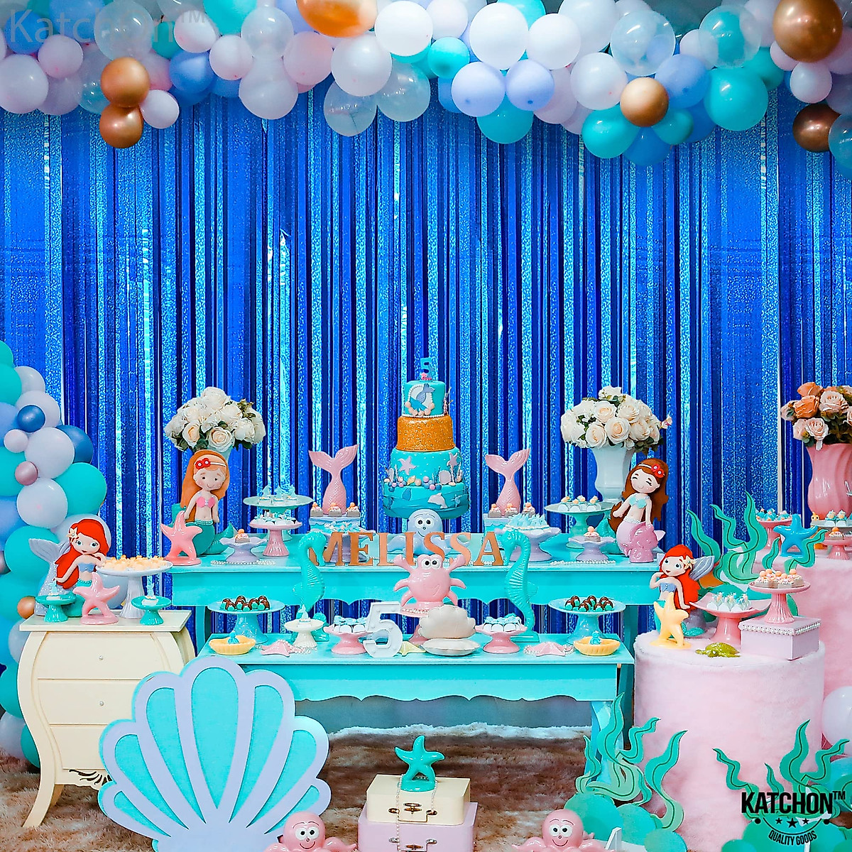 KatchOn, Iridescent Blue Streamers Backdrop - 3.2x8 Feet, Pack of 2 | Graduation Backdrop 2024, Graduation Decorations 2025, Pool Party Decorations | Iridescent Blue Backdrop, Summer Party Decorations