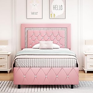 Twin Bed Frame, Upholstered Platform Bed with Diamond Button Tufted Headboard, Girls Twin Bed Fame, Princess Bed Frame with Crystal Tufted Headboard, Wooden Slats Support, Easy Assembly, Pink