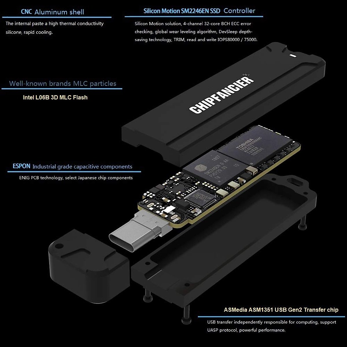 CHIPFANCIER Thunderbolt3 USB3.1 GEN2 Type-C Solid State SSD Windows to GO WTG USB Flash Drive MAC&PC (256GB)
