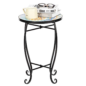 Shyneer Mosaic Outdoor Side Table, 14inch Round Small Patio Accent Table Ottoman Mosaic Bistro Table Indoor End Table for Yard, Garden, Living Room, Bistro Balcony or Lawn (Sun, 14'')