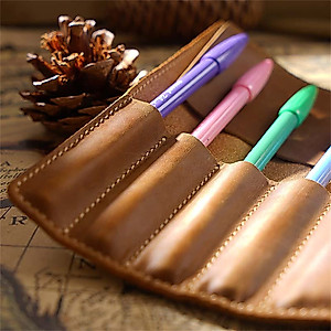 AIGUONIU Vintage Genuine Leather Pencil Roll - Pencil Storage Case/Pouch Organizer Handmade (Brown)