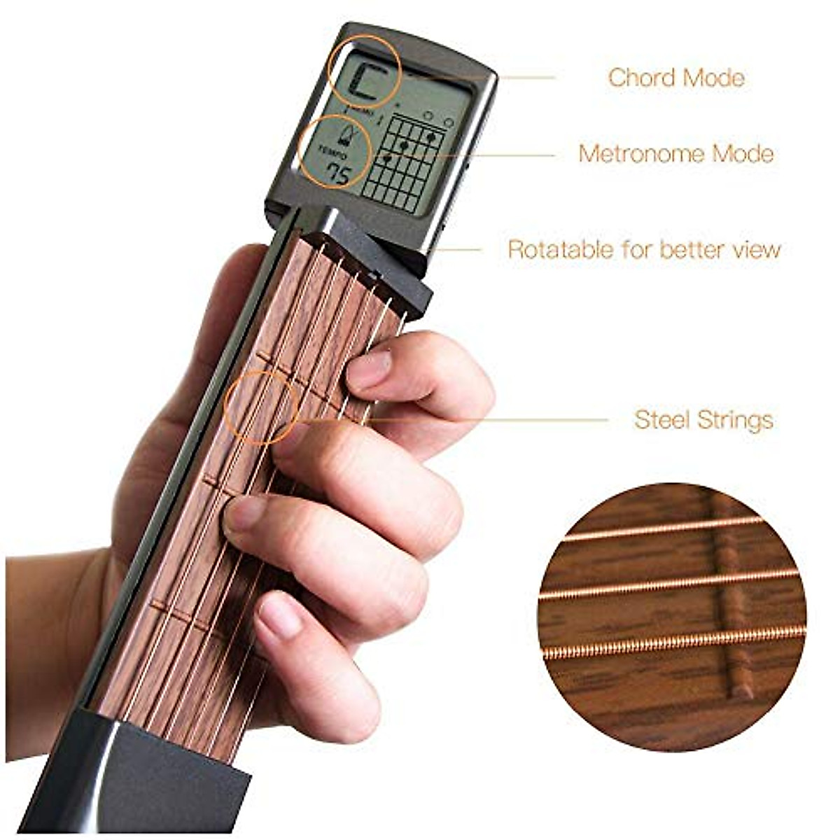 Pocket Guitar Chord Practice Tool, Portable Guitar Neck for Trainer Beginner w/a Rotatable Chords Chart Screen (Battery Included)