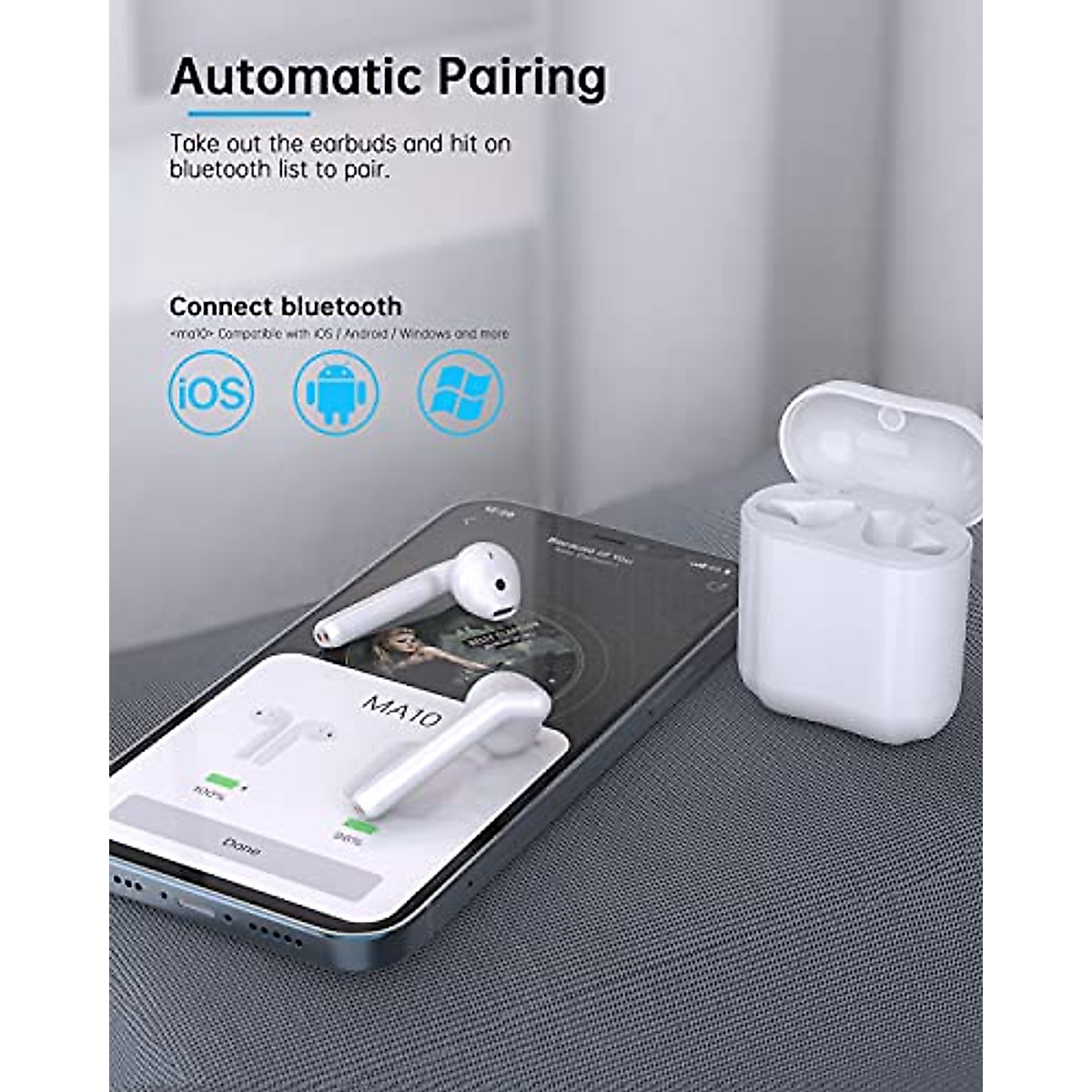 GPED Wireless Earbuds, Bluetooth 5.0 Earbuds Noise Cancelling Wireless Headphones 35H Cycle Playtime Hi-Fi APT-X CVC8.0 Sweatproof Earphones with mic, in-Ear Headset for iPhone Android (White)