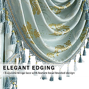 JADE POKE European Floral Valance for Windows Waterfall Valances for Living Room Aqua Tassels Valance for Bay Window - Damask Valance with Beads Swag Valance for Party Rod Pocket (1 Panel, W59 Inch)