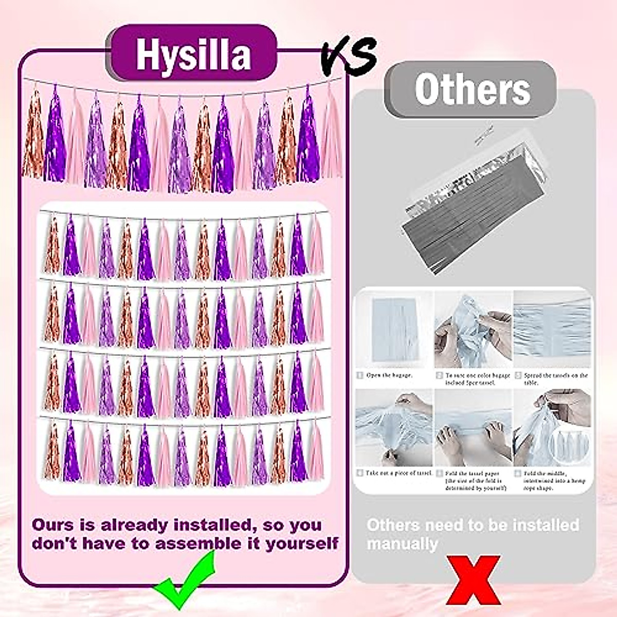 4P Pink-Purple Rose-Gold Party-Decorations Tassel Garland, Tassels Banner Streamers for Parade Floats, Bachelorette, Wedding, Birthday, Halloween, Christmas,