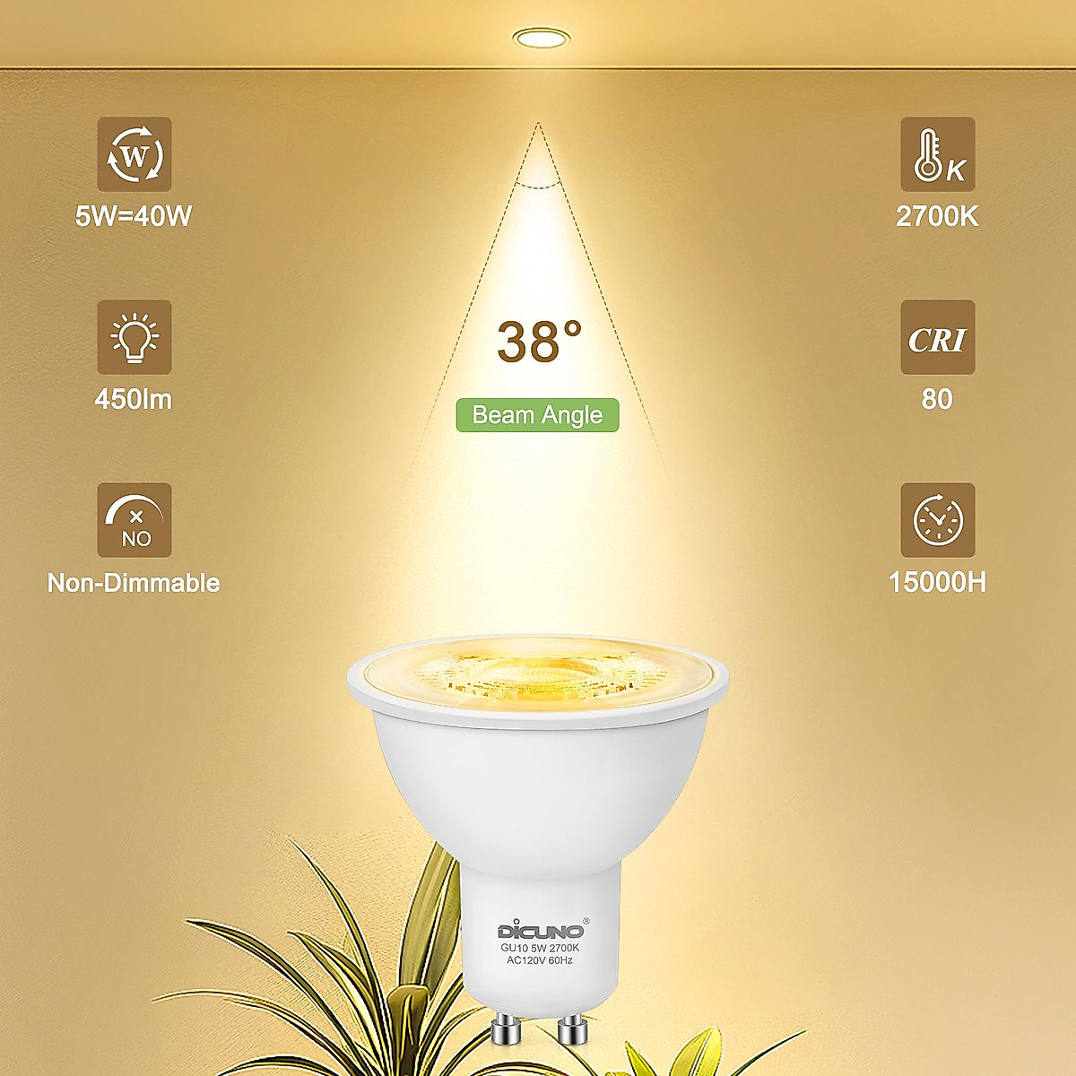 DiCUNO GU10 LED Bulb, 40W Equivalent, Warm White 2700K, 450LM, MR16 GU10 LED for Spotlight, Track Lighting, 5W LED Light Bulb with 38° Beam for Kitchen, Range Hood, Living Room, Pack of 6