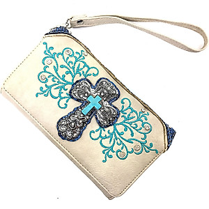 Justin West Floral Embroidery Western Rhinestone Turquoise Cross Studded Fashion Wristlet Trifold Wallet Attachable Long Strap Collection (Beige Turquoise)