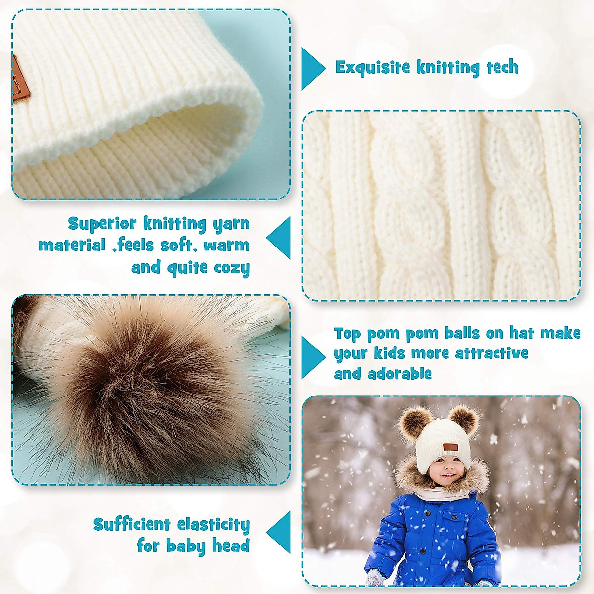 Geyoga Kids Toddler Winter Pompom Hat Baby Knitted Beanie Hat Faux Fur Pom Beanie Cap for Girls Boys 1-3 Years Old(Gray,White,Black,M)