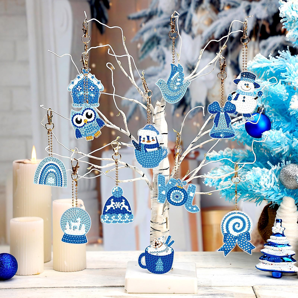 Remuuly 24 Pcs Winter Diamond Painting Keychain 5d Double Sided DIY Diamond Art Keychains Snowflake Snowmen Owl Diamond Painting Ornaments Full Diamond Painting for Valentine's Day Gift Holiday Decor