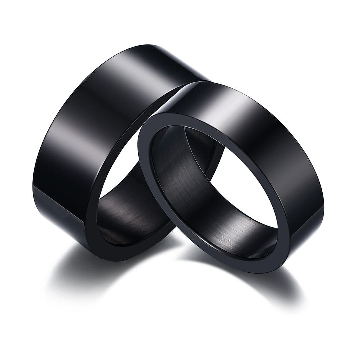 MZZJ Couple Matching Ring Pinky Promise Pinky Swear 8MM&6MM High Polish Minimalist Classical Stainless Steel Initial Flat Wedding Band Set,Anniversary Birthday Gift for Him Her,Black