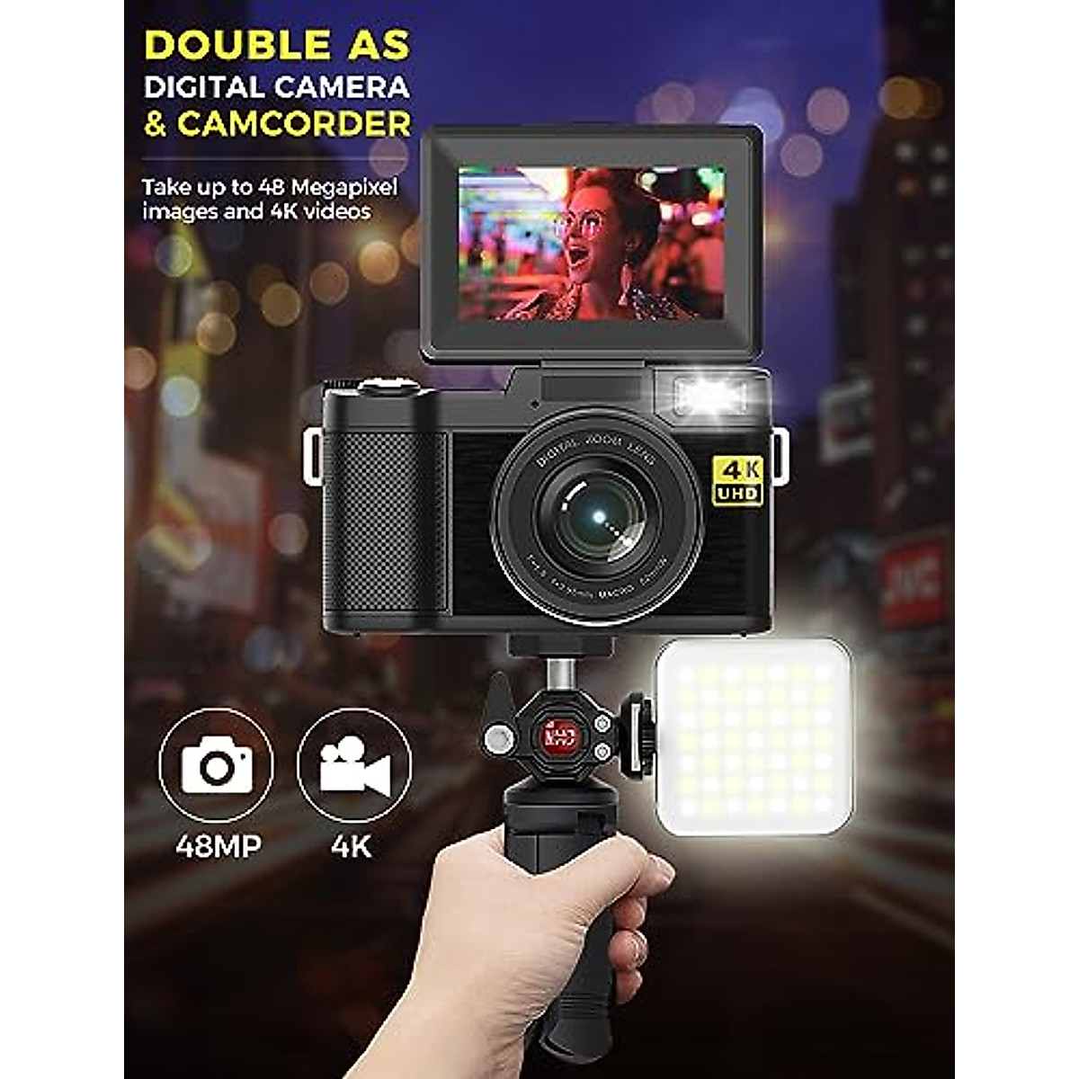 4K Digital Camera, Autofocus 48MP Vlogging Camera for YouTube with Flip Screen Cameras for Photography with Batteries, Fill Light, Mini Tripod Accessories