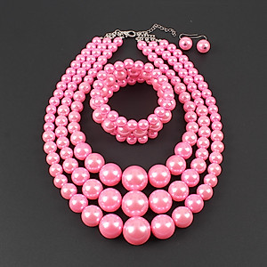 KOSMOS-LI Large Pearl Jewelry Set 3 Layer Simulated Pink Pearl Women's Statement 18" Necklace Bracelet and Earrings