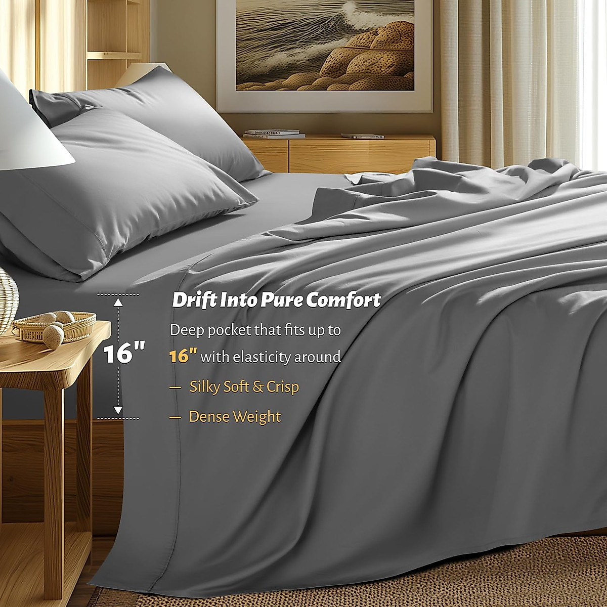 Shilucheng 100% Egyptian Cotton King Size Sheets Set - 1000 Thread Count，Luxury Cotton Bed Sheets，Breathable & Cooling Bedding and Pillow Cases, 16 Inch Deep Pocket - 4 Piece (King, Grey)