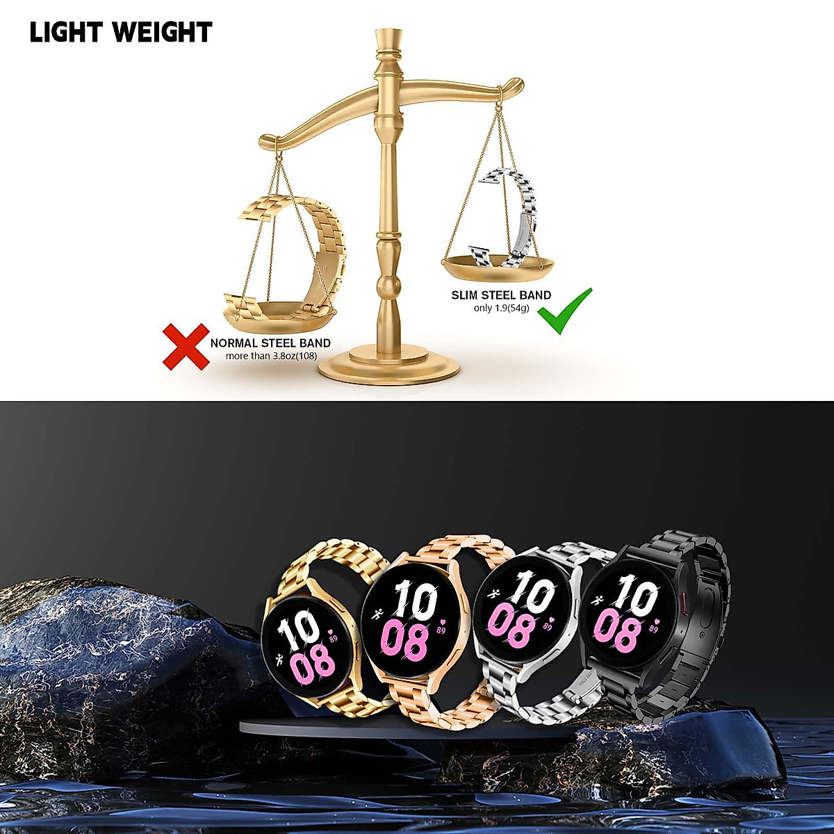 HAYONLIY Thin Band Compatible for Samsung Galaxy Watch 7/FE/6/5/4 40mm 44mm, 5 Pro 45mm, Watch 6/4 Classic 43mm 47mm 42mm 46mm, 20mm Metal Stainless Steel Replacement Adjustable Strap for Women Men