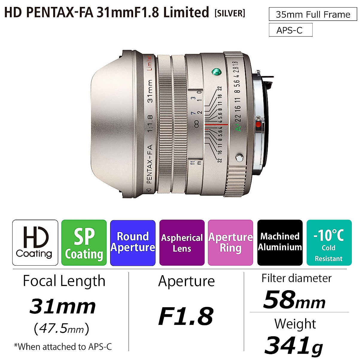 Pentax HD 31mmF1.8 Limited Silver Limited Lens Wide-Angle Prime Lens [F1.8 Large Aperture Lens] [High-Performance HD Coating] [SP Coating] [Round-Shaped Diaphragm] [Machined Aluminum Body ] (20220)