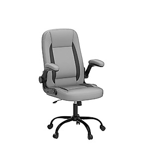 SEATZONE High Back Computer Office Desk Chair with Flip up Arms and Wheels Leather Swivel Comfy Modern Chair for Teens Adults, Gray