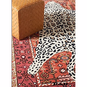 Restoration and Renovation Handmade White Leopard Rug with Blue/Red Persian Background | Animal Print Cheetah Wool Area Rug for Living Room, Bedroom and Kitchen (Red, 3x5 ft)