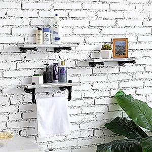 MyGift Wall Mounted White Washed Solid Wood Floating Shelf Organizer, 3 Piece Set Mounted Bathroom Display Shelf with Towel Bar and Industrial Metal Pipe Brackets
