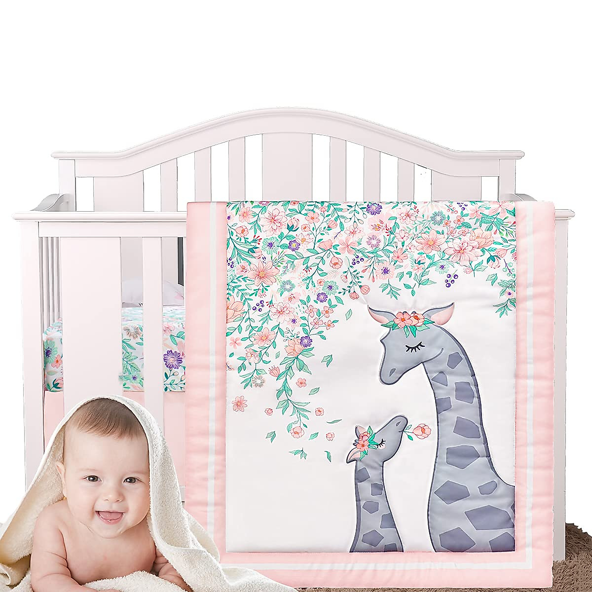 Yolent Baby Girl Crib Bedding Sets Crib Set for Girls Mini Floral Nursery Crib Bedding Sets 3 Piece Pink and Grey Princess Crib Bedding Set