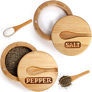 Lawei 2 Pack Bamboo Salt and Pepper Bowls, Round Salt Container with Magnetic Swivel Lids and Spoons, Bamboo Salt Cellars, Seasoning Storage Holder Box for Salt, Pepper, Sugar, Spice