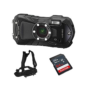 Ricoh WG-80 Digital Camera (Black) Bundle with 64GB Ultra SDXC UHS-I Memory Card and Mount Chest Harness (3 Items)