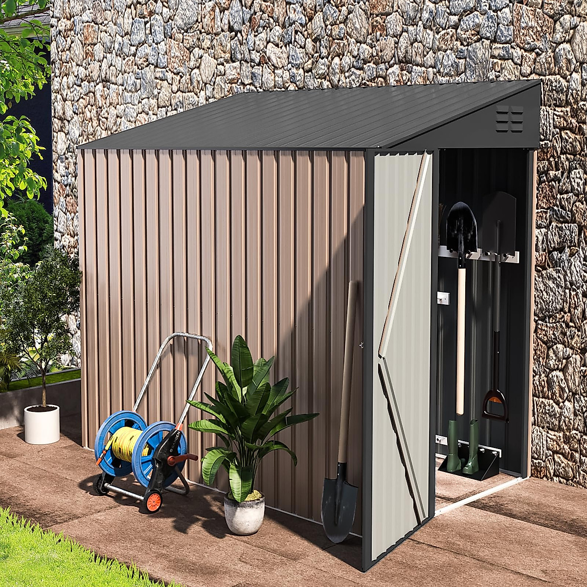 AECOJOY Lean to Storage Shed, 4.2' x 7' Small Metal Side Door Sheds & Outdoor Storage, Outdoor Storage Cabinet for Garden, Backyard, Grey&Light Tan