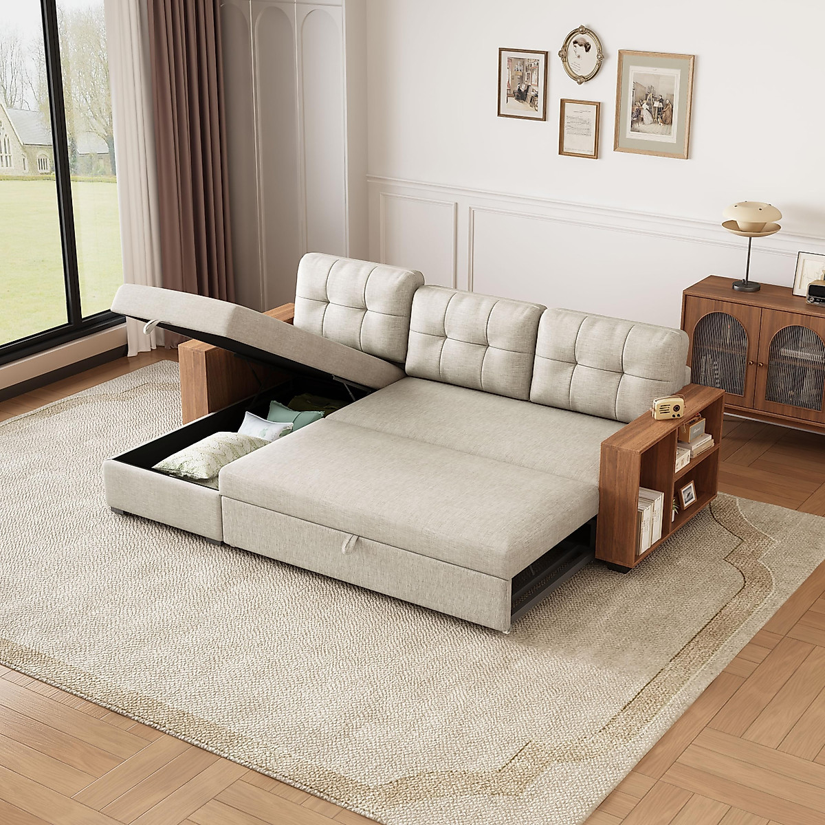 YOPTO 84" L-Shape Upholstered Sleeper Sectional Sofa with Storage Chaise & Pull Out Bed,Convertible Corner Couch Bed W/Cabinet Armrests & Removable Back Cushions for Living Room,Office,Beige