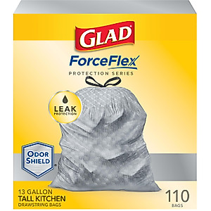 GLAD ForceFlex Tall Kitchen Drawstring Trash Bags, 13 Gallon Grey Trash Bag for Kitchen Trash Can, Odor Shield, Odor Eliminator and Leak Protection, 110 Count