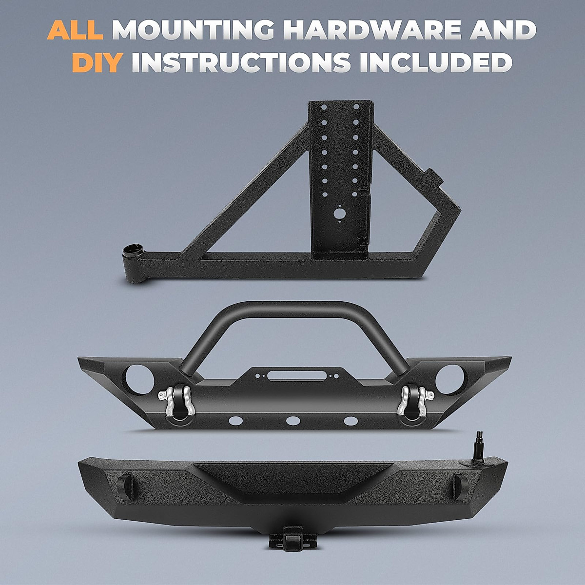 FINDAUTO Rront Bumper and Rear Bumper w/Tire Carrier Compatible for 2007-2018 for Jeep Wrangler JK with D-ring Winch Plate