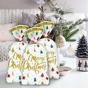 Whaline 150Pcs Christmas Cellophane Bags Red Green Gold Xmas Tree Print Candy Cookie Treat Bags Plastic Holiday Goodie Bags with Twist Tie