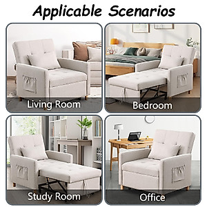 Keainvren Sleeper Chair Bed Convertible Chair Bed Sleeper Pull Out Sofa Bed with Adjustable Backrest Linen Fabric Convertible Chair to Bed with Side Pocket for Living Room, Apartment-Beige
