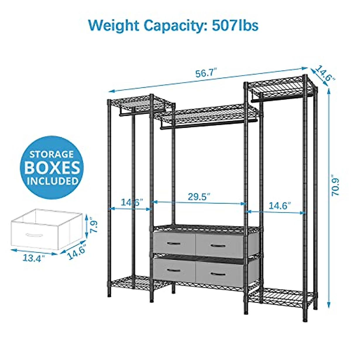 VIPEK V20i Wire Garment Rack Heavy Duty Clothes Rack Bedroom Armoires Metal Clothing Rack with Adjustable Shelves, 3 Hang Rods, 4 Fabric Drawers, Compact Freestanding Closet Storage Organizer, Black