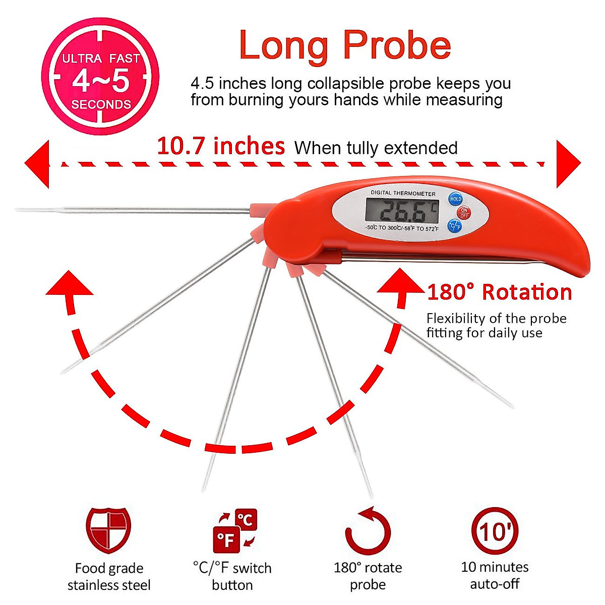 Food Thermometer,Cooking Thermometer Instant Read Thermometer Candy Thermometer with Super Long Probe for Kitchen Cooking BBQ Grill Smoker Meat Fry Food Milk Yoghourt-Blue