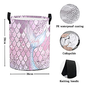 Mermaid Glitter Scales Personalized Laundry Basket Clothes Hamper Storage Handle Waterproof, Custom Laundry Round Collapsible Capacity for Bedroom Bathroom Toy Decoration