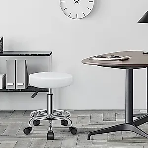 KKTONER PU Leather Round Rolling Stool with Foot Rest Swivel Height Adjustment Spa Drafting Salon Tattoo Work Office Massage Stools Task Chair Cushion 14 inches (White)