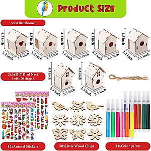 107 Pcs Wooden Birdhouse DIY Kits, Includes 21 Unfinished Wood Mini Bird House 24 Watercolor Pen 50 Bird Butterfly Flower Slices 12 Cute Animal Stickers for Kids Adults DIY Craft Making Supplies