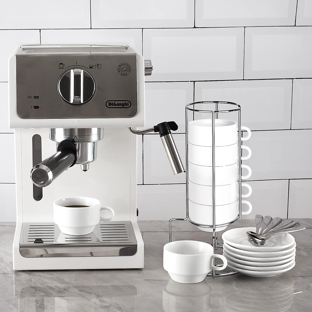 DeeCoo 6 Pcs Espresso Cups and Saucers and Spoons, 3.5 oz Stackable Ceramic Espresso Mugs, Porcelain Espresso Cups Set with Saucers and Metal Stand for Espresso, Latte, Cafe Mocha and Tea