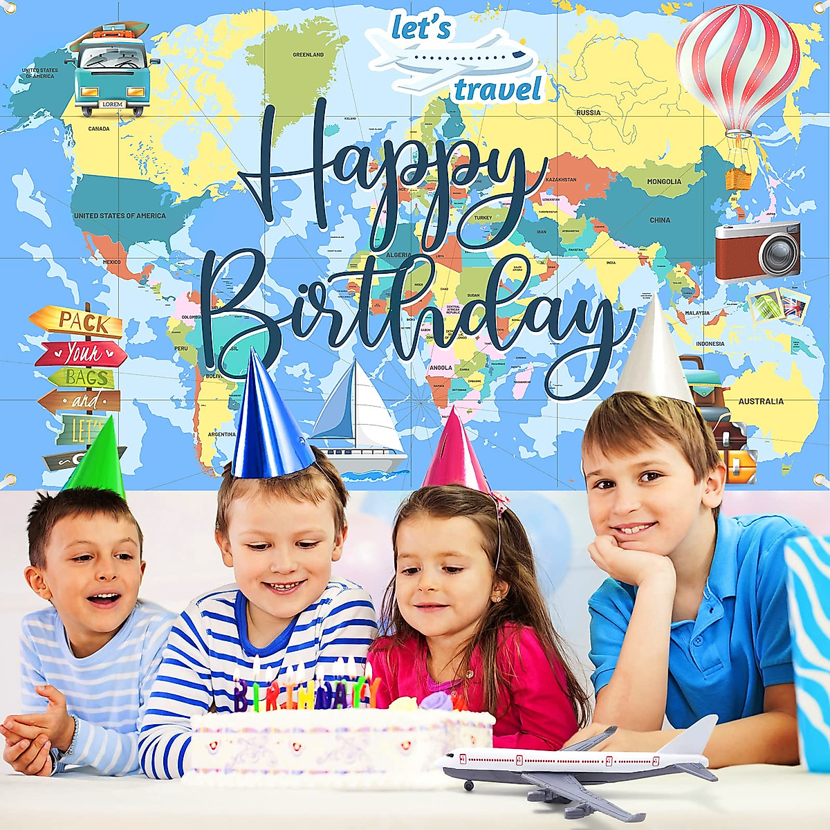 Travel Theme Birthday Party Banner Decorations Adventure Awaits Birthday Banner Let The Adventure Begin World Map Photobooth for Birthday Graduation Baby Shower Party Supplies 71 x 44 Inch
