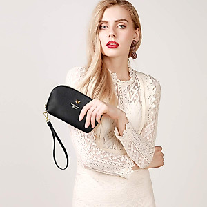 Leather Wallet for Women, Genuine Leather Ladies Clutch Wallet With Wristlet Card Holder Zipper Coin Pocket (black)