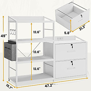 SEDETA 47” File Cabinet with Power Strip, Filing Cabinet fits Legal, Letter, A4 Size, 2 Drawer File Cabinet for Home Office with Open Shelf, Lock and 3 Hooks