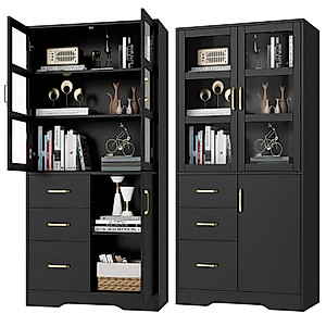 HIFIT 2 Pack Tall Bookshelves and Bookcases with Glass Display Cabinet Doors and 3 Drawers, Floor Standing Wood Storage Cabinet with Shelves, Modern Cabinet for Home Office, Living Room, Study, Black